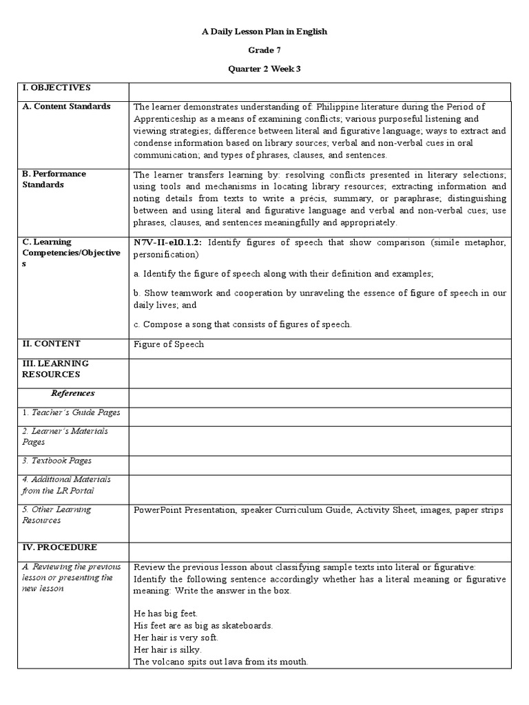 Grade 7 English Lesson Plan: Figures of Speech | PDF | Metaphor | Learning