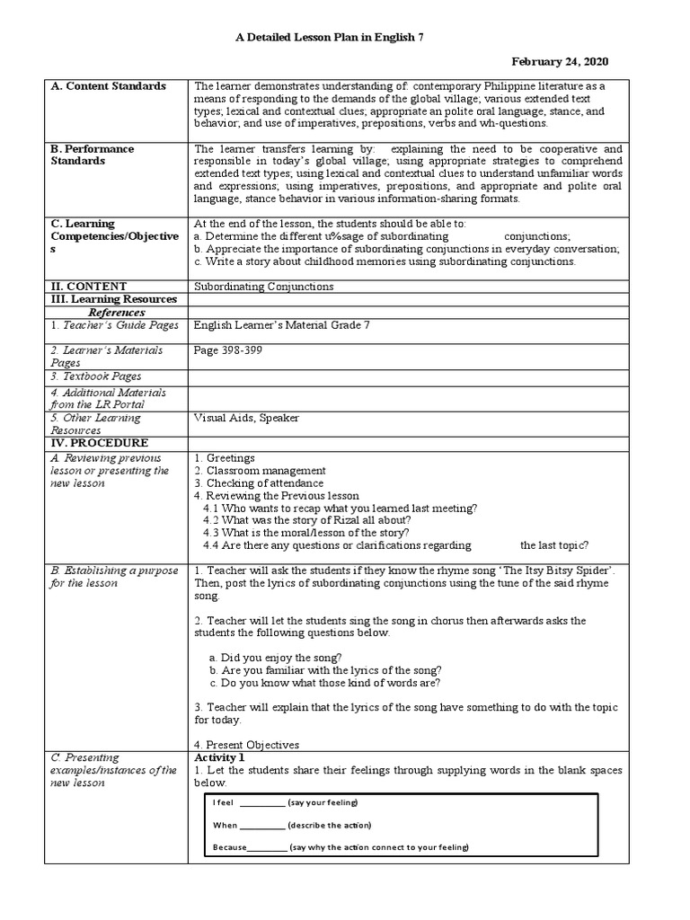 Subordinating Conjunction Daily Lesson Plan | PDF | English Language ...