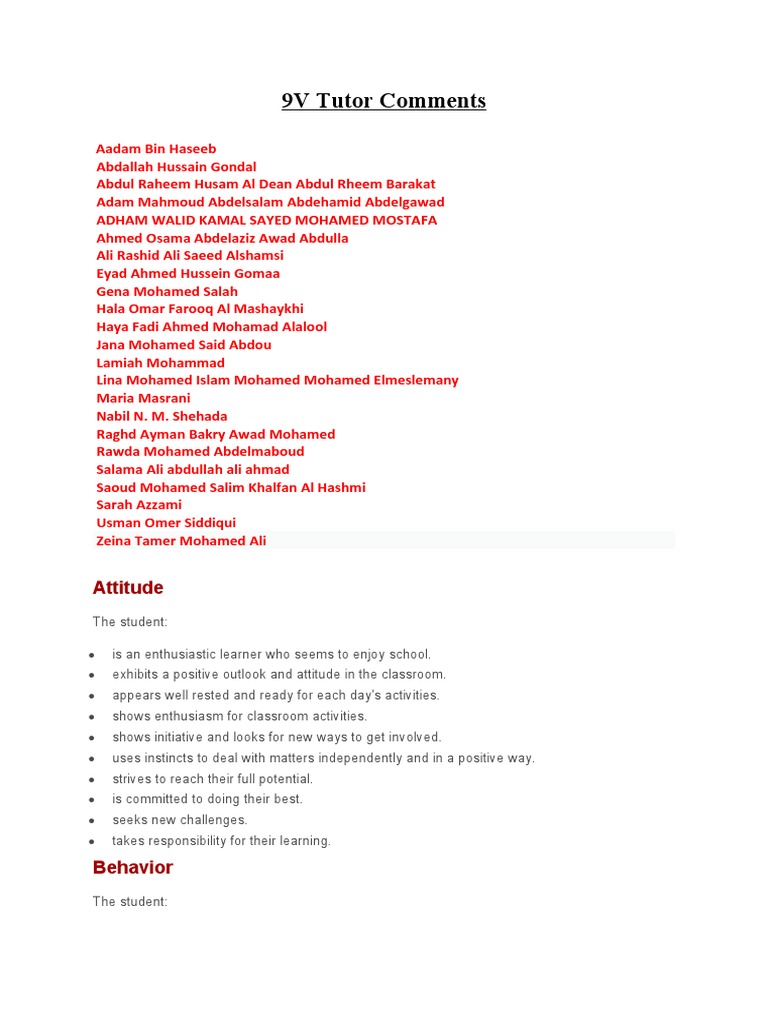 End of Year 9V Tutor Comments | PDF | Classroom | Cognition