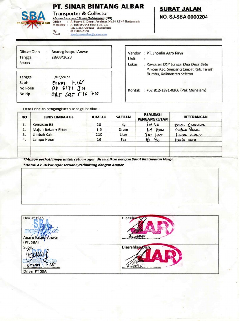 Surat Jalan PT. SBA Limbah B3 | PDF
