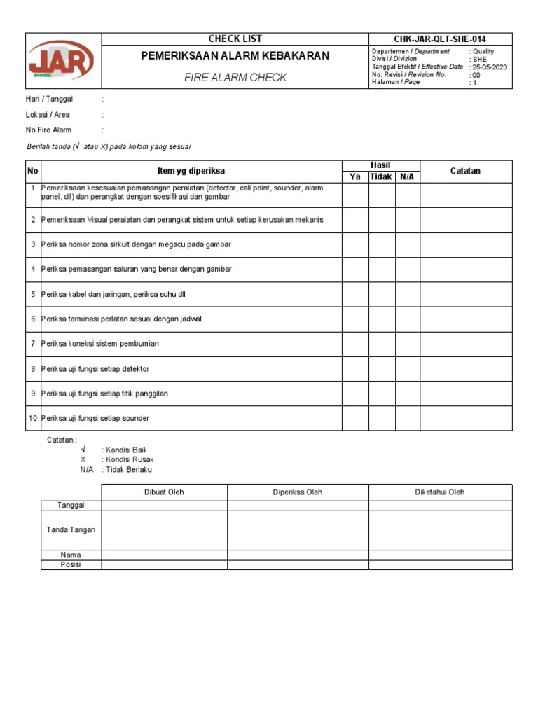 CHK-JAR-QLT-SHE-014 Fire Alarm Check Rev 00 | PDF