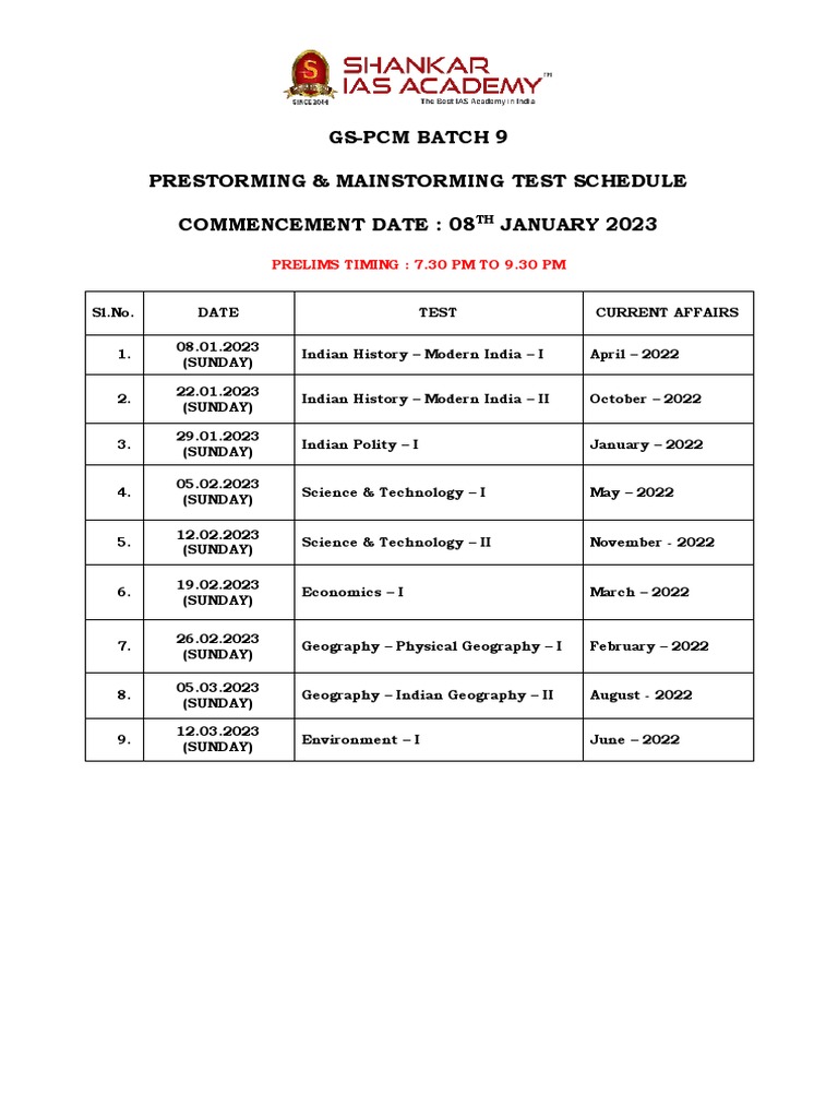 2022 2023 UPSC GS PRESTORM SCHEDULE GS PCM BATCH Batch 9 | PDF | Oceans ...