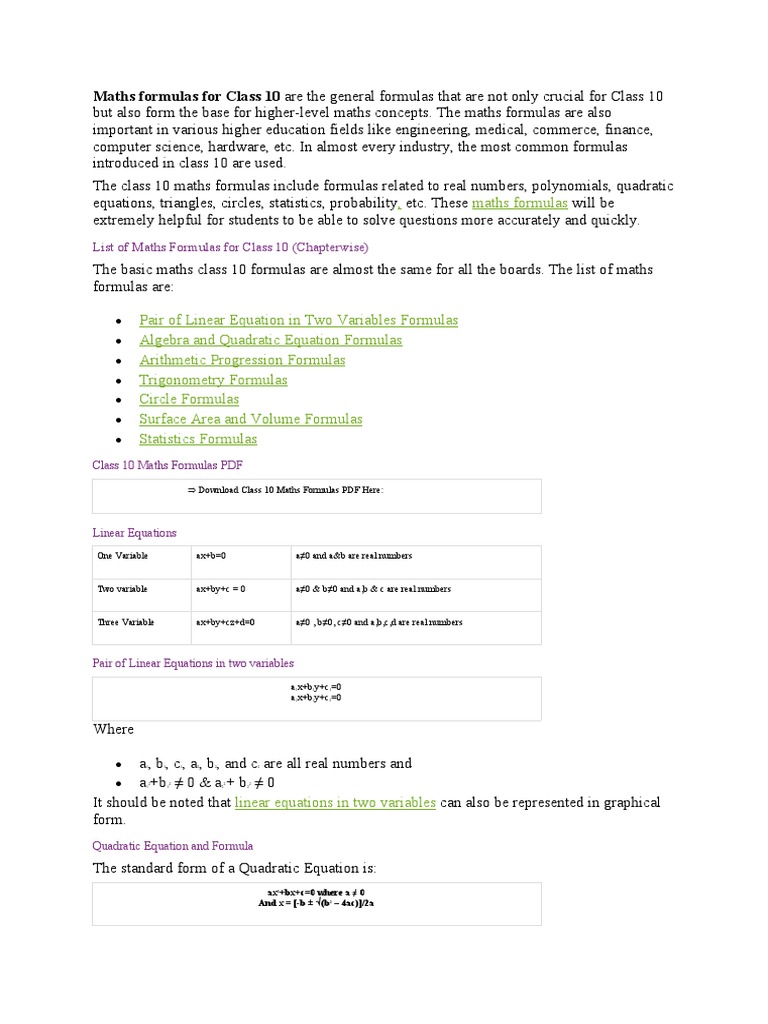 Maths Formulas For Class 10 | PDF | Trigonometric Functions | Area