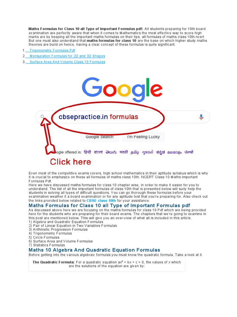 Maths Formulas for Class 10 all Type of Important Formulas pdf | PDF ...