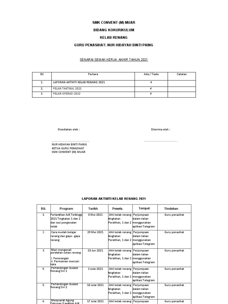 Pelan Taktikal Dan Operasi Kelab Renang 2021 | PDF