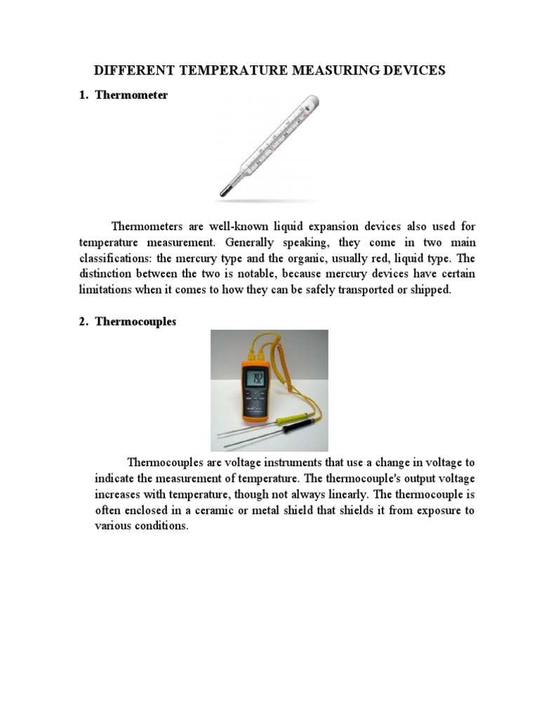 Different Temperature Measuring Devices | PDF | Thermocouple | Thermometer
