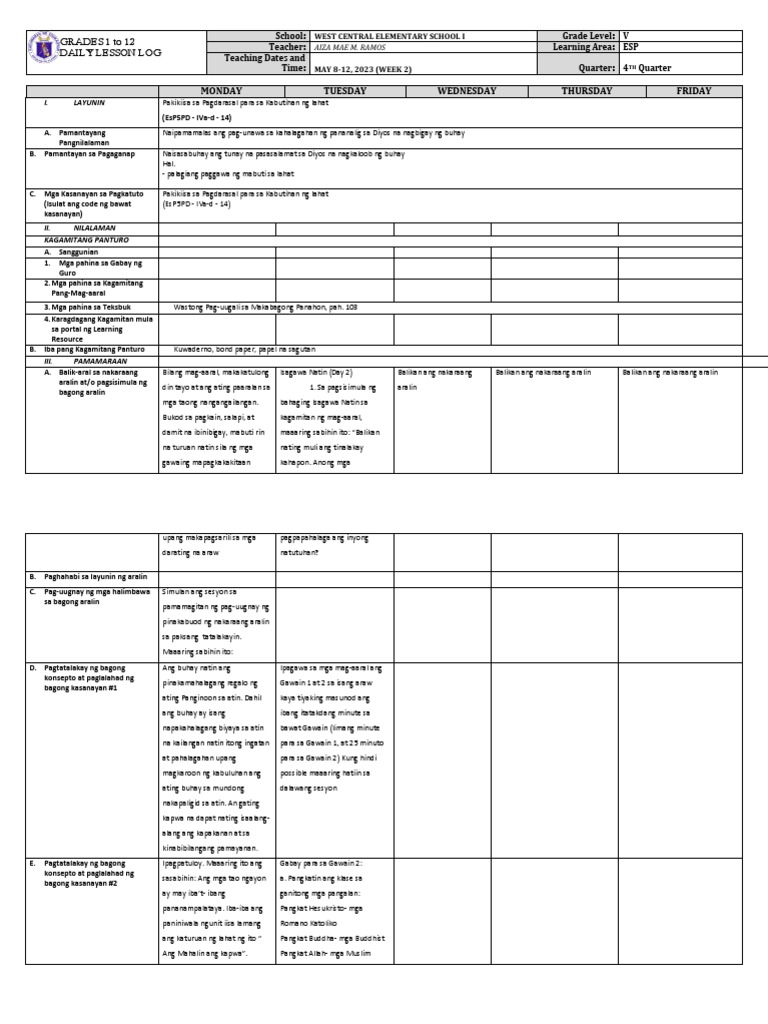 Grade 5 DLL Esp 5 q4 Week 2 | PDF