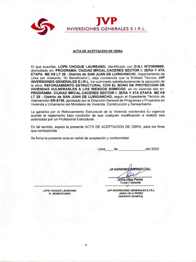 Acta de Aceptacion de Obre | PDF