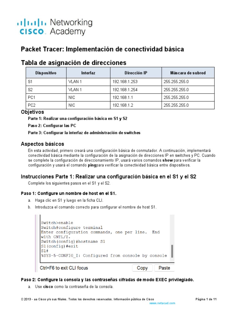 2.7.6 Packet Tracer Implement Basic Connectivity Es XL | PDF | Dirección IP | Arquitectura de ...