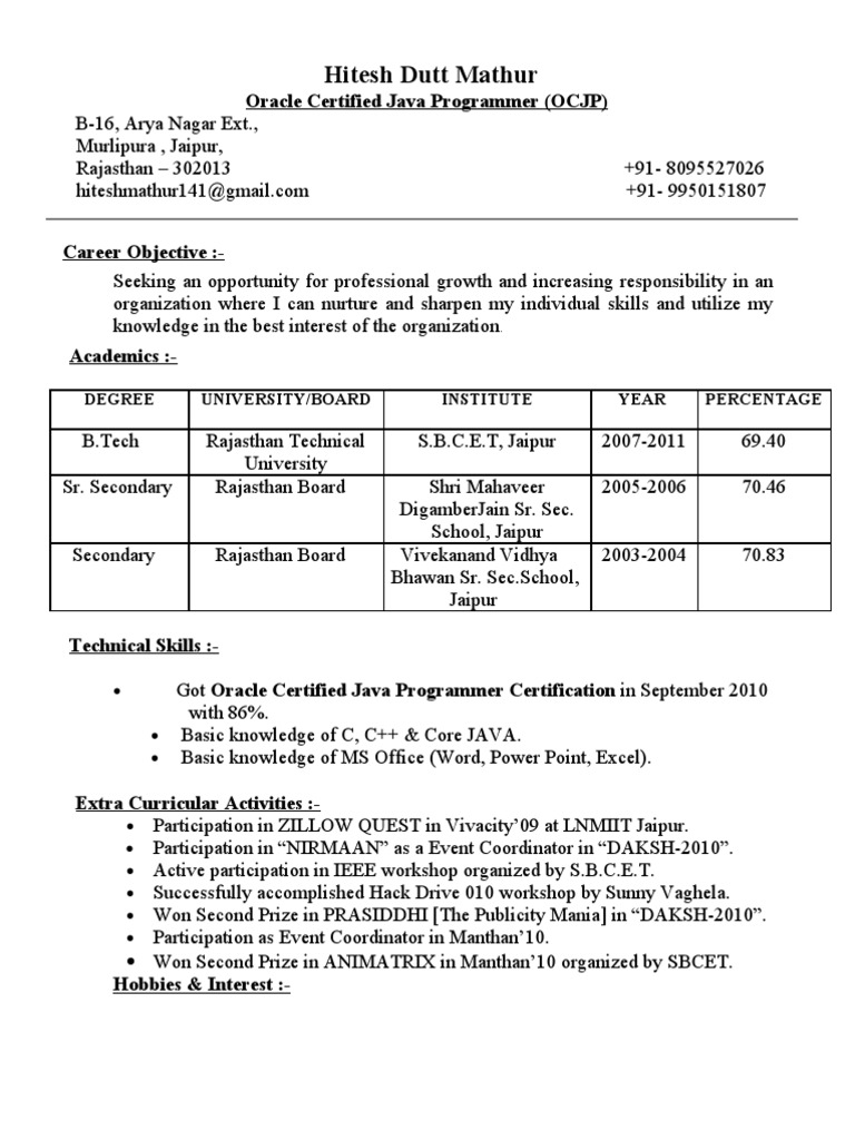 Hitesh Mathur: Java Programmer Resume | PDF