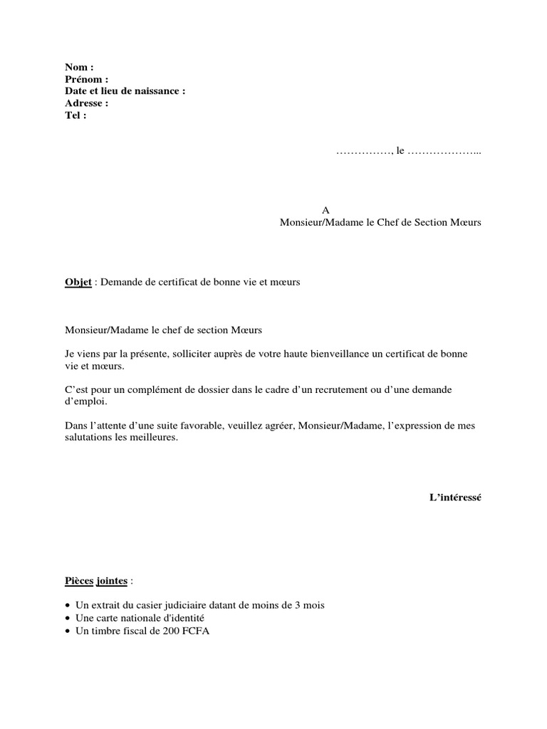 Formulaire Demande Certificat Bonne Vie Et Moeurs | PDF