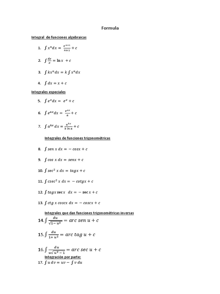 Formula de Integrales | PDF | Integral | Funciones trigonométricas