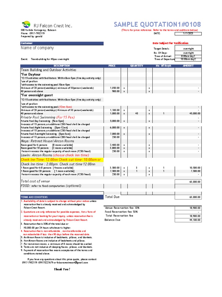 Sample QTN Overnight For 45pax | PDF | Fee | Economies