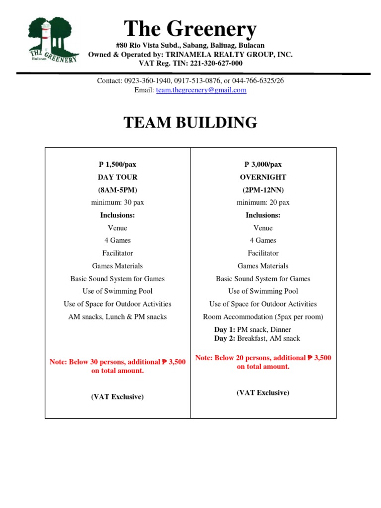 Rates For Team Building 2023 | PDF