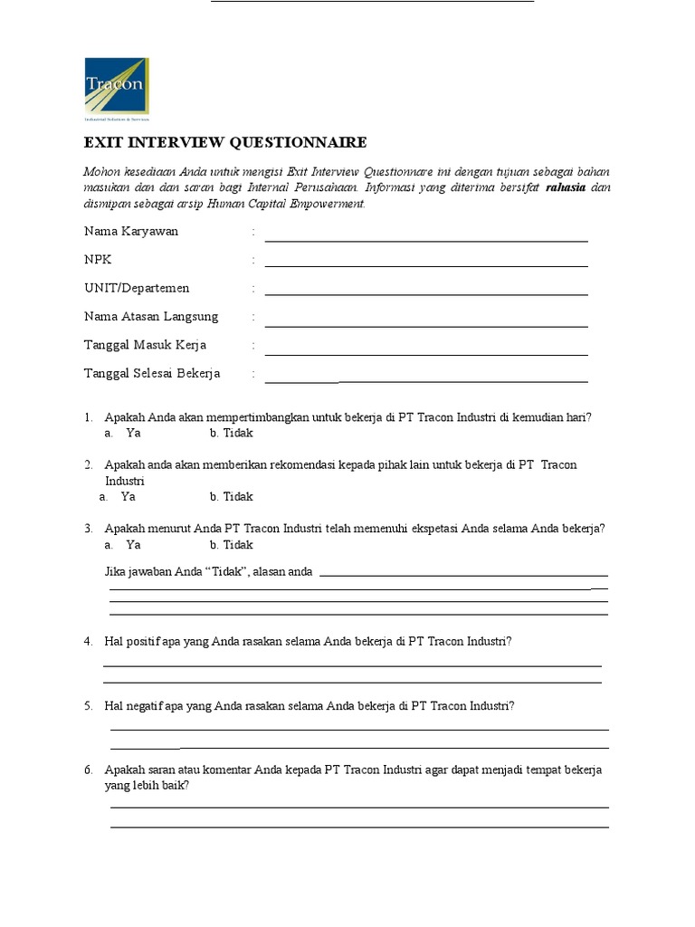 EXIT INTERVIEW QUESTIONNAIRE (TRC) - End of Contract | PDF