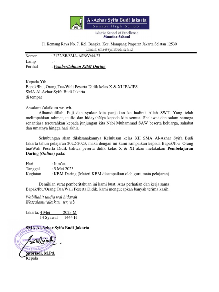 Revisi Pemberitahuan KBM Daring | PDF