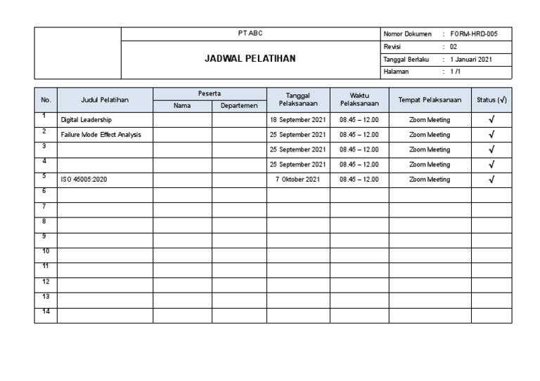 Jadwal Pelatihan Karyawan PT ABC | PDF