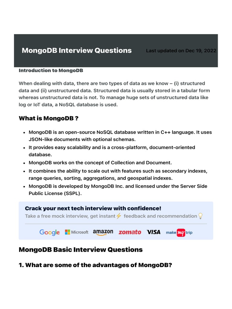 Commonly Asked MongoDB Interview Questions (2023) - Interviewbit | Download Free PDF | Mongo Db ...