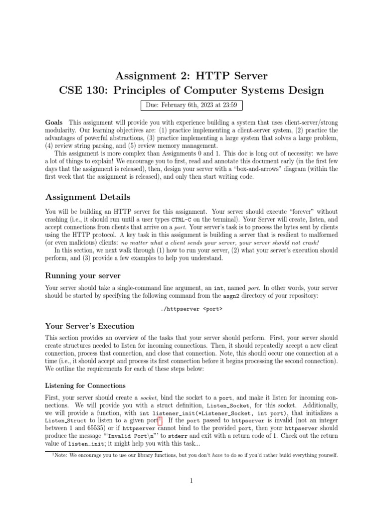 CSE130 Asgn2 Winter23 v7-1 | PDF | Hypertext Transfer Protocol | Networking