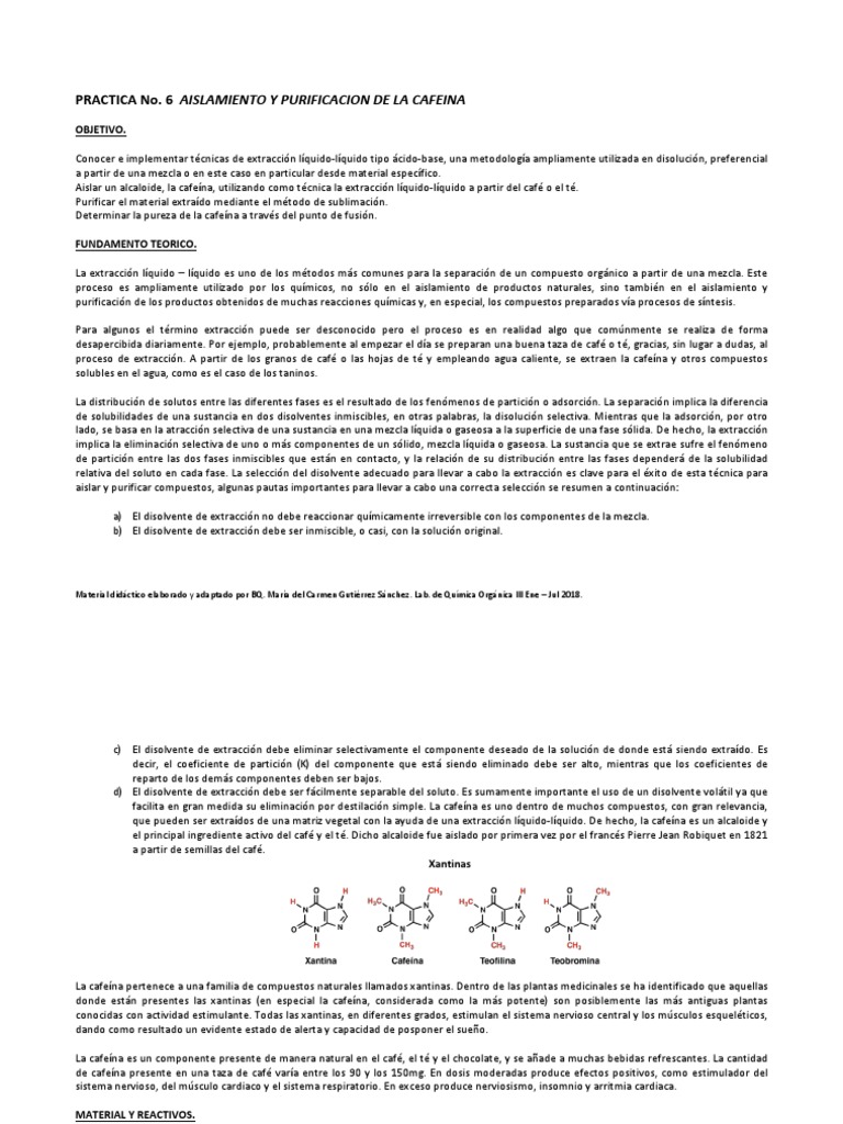 Practica Aislamiento y Purificacion de La Cafeina | PDF | Ciencias fisicas | Materiales