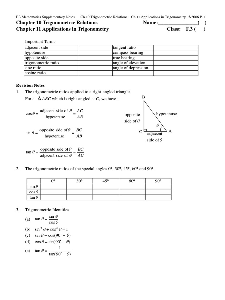 Chapter 10 Trigonometric Relations Name: - Chapter 11 Applications in ...