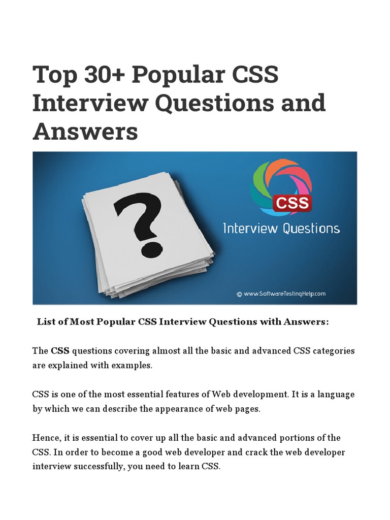 Top 30+ Popular CSS Interview Questions and Answers | PDF | World Wide Web | Internet & Web