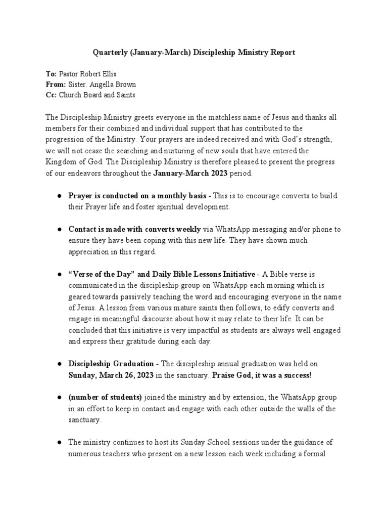Quarterly Discipleship Ministry Report | PDF | Disciple (Christianity ...