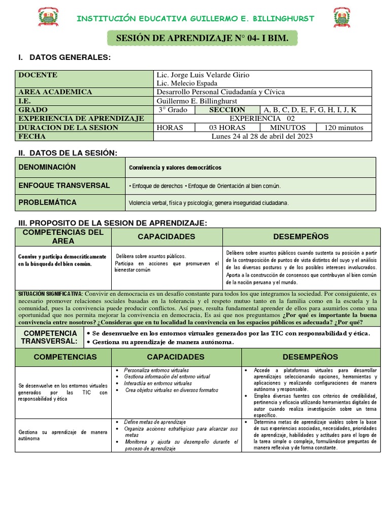 SESIÓN Nº4 - DPCC 3° I Bim. | PDF | Aprendizaje | Evaluación