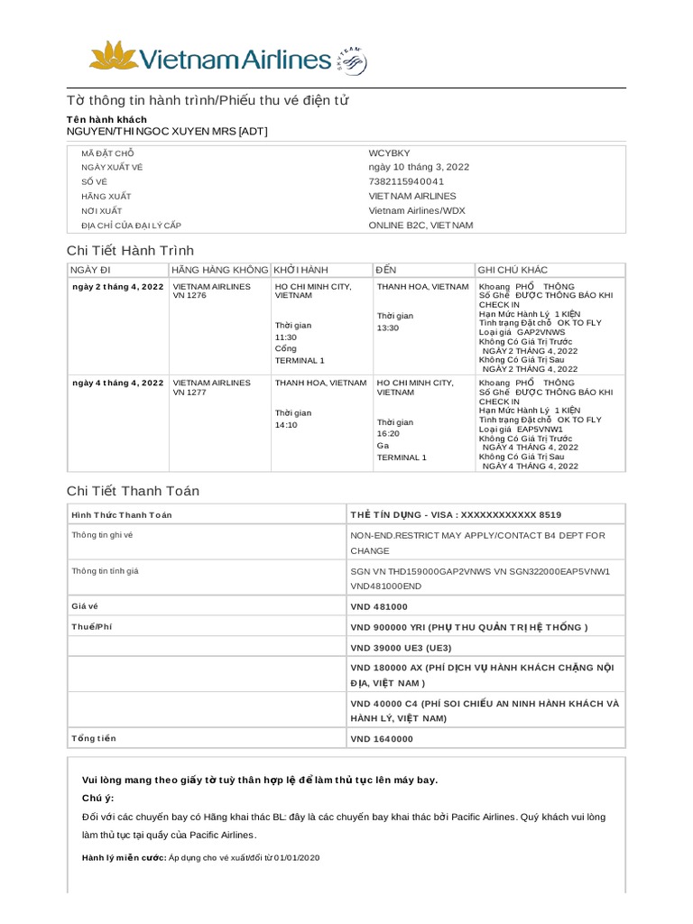 Electronic Ticket Receipt, Ngày 02 Tháng 04 For MRS THI NGOC XUYEN ...