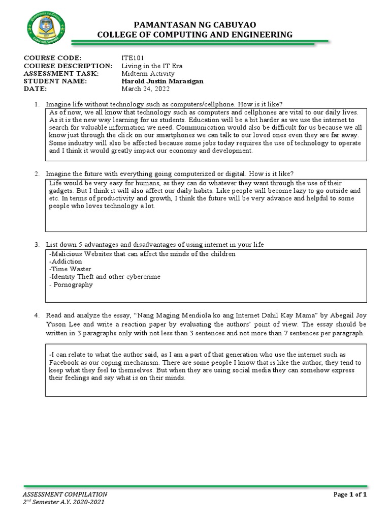 Week 9 Midterm Activity - Marasigan | PDF | Internet | Cyberspace
