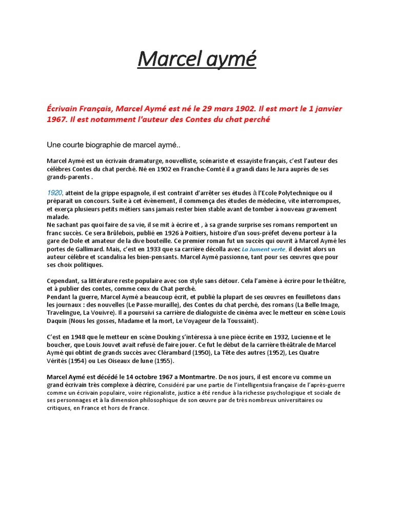 Biographie de Marcel Aymé | PDF | Jeunes adultes | Classiques