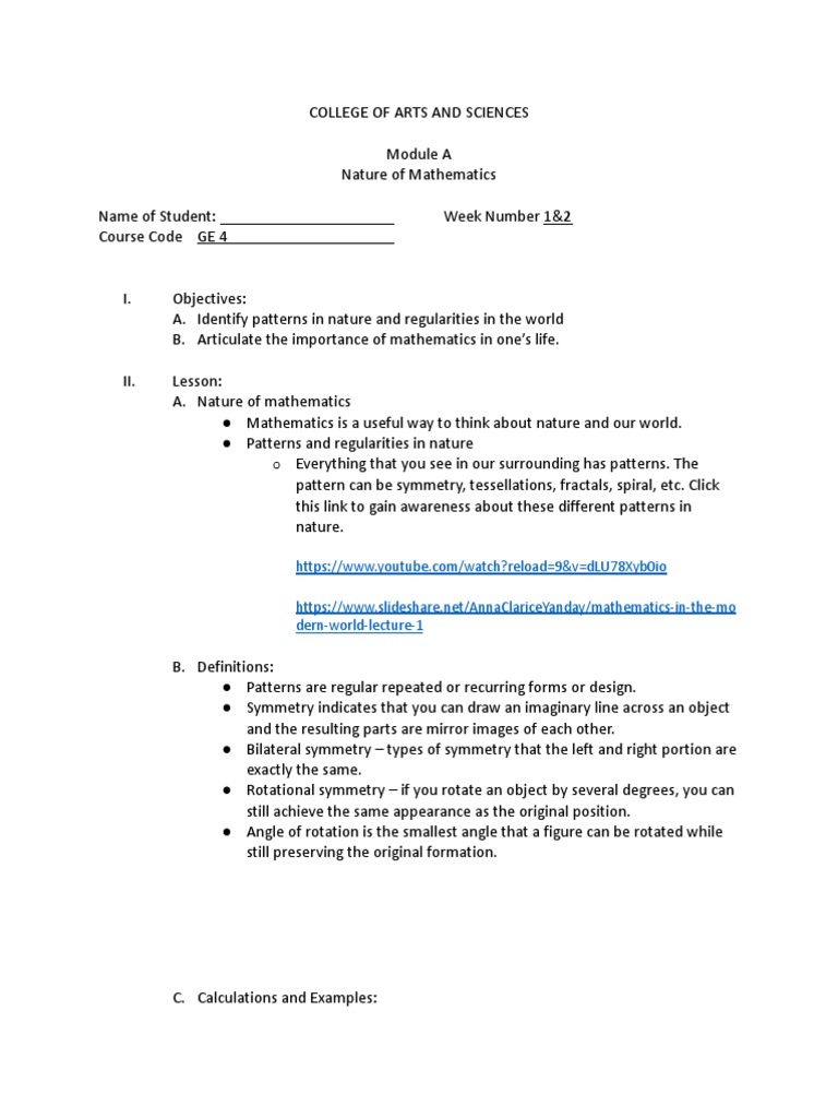 GE4 Module A Nature of Mathematics | PDF | Pattern | Science