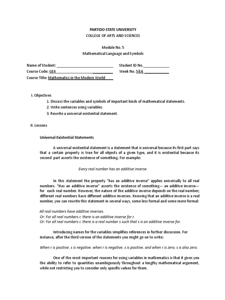 GE4 Universal Existential Statement | PDF | Real Number | Limit ...