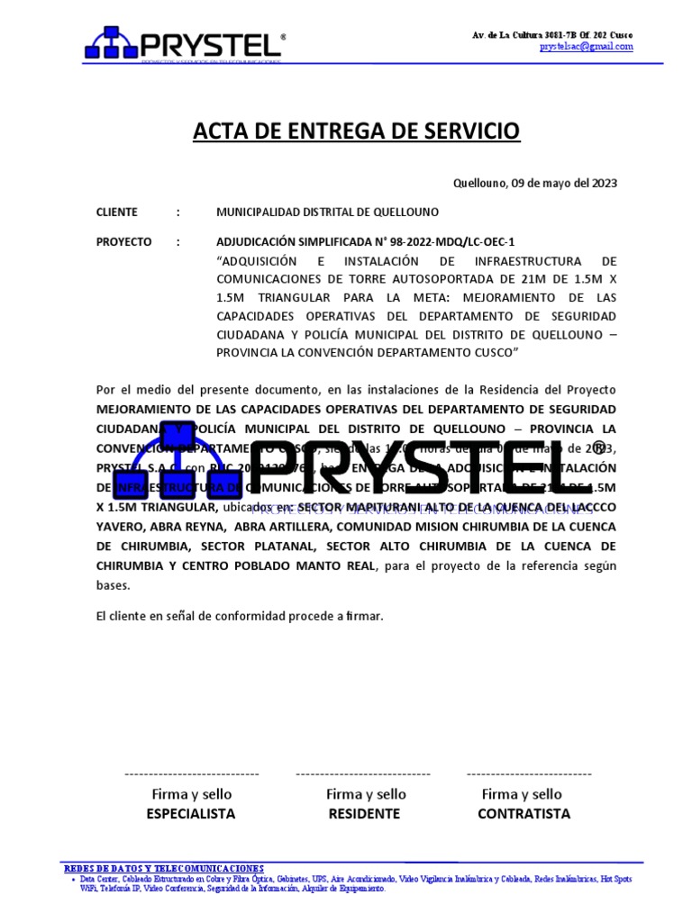 Acta de Entrega de Servicio | PDF | Inalámbrico | Wifi Acta de Entrega de Servicio | PDF | Inalámbrico | Wifi
