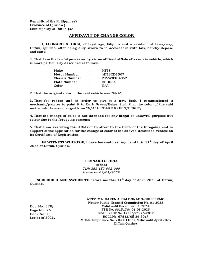 Affidavit for Motorcycle Color Change | PDF | Law