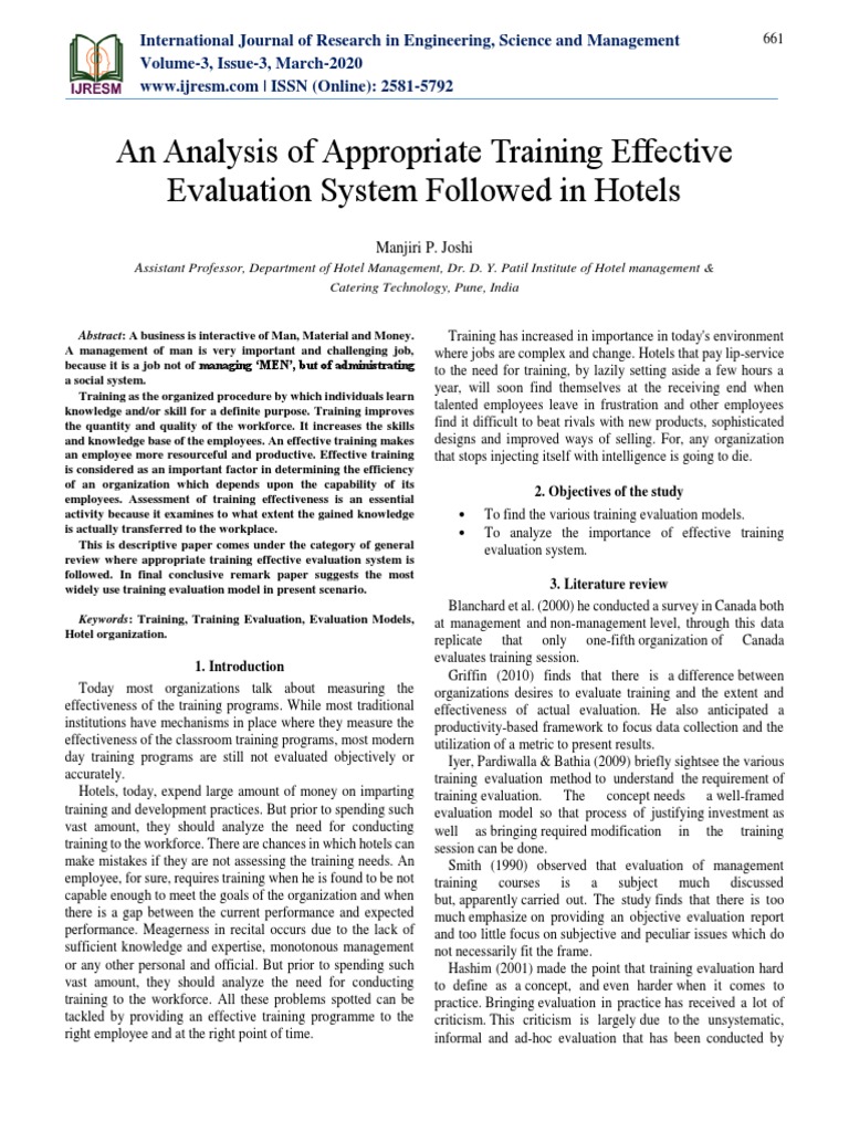 An Analysis of Appropriate Training Effective Evaluation System Followed in Hotels | PDF ...