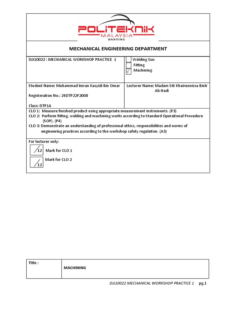 DJJ10022 REPORT (Machining) | PDF | Machining | Welding