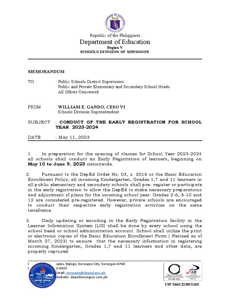 Early Registration Memo SY 2023-2024 | PDF | Government