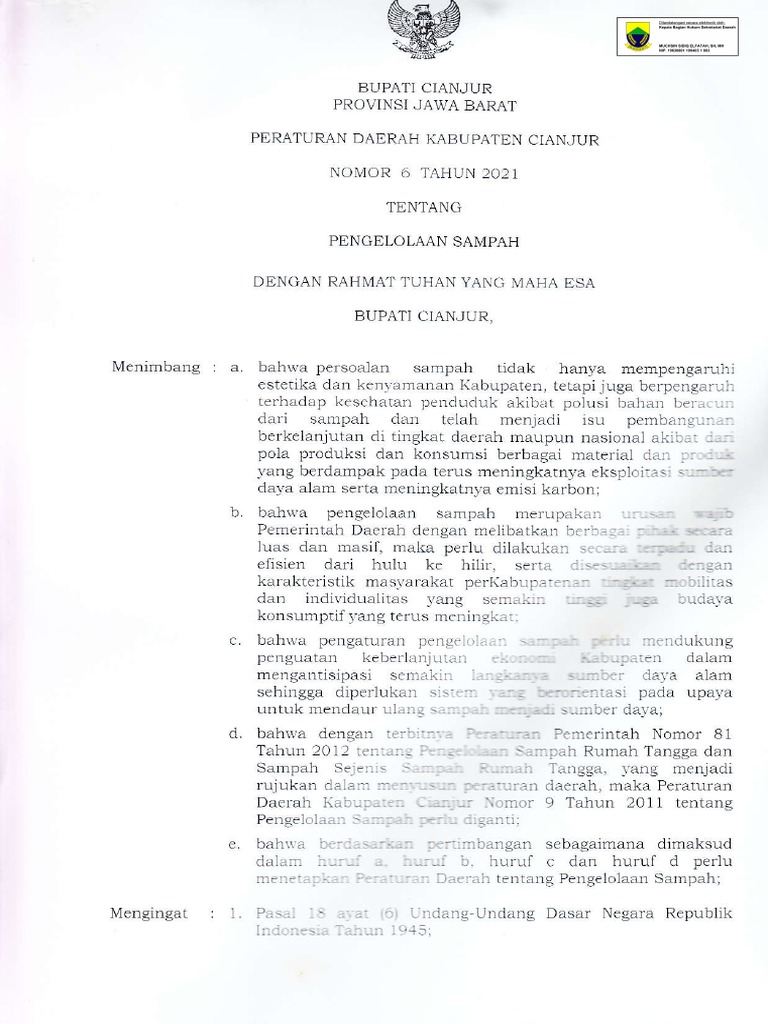 Perda sampah Cianjur 2021 | PDF