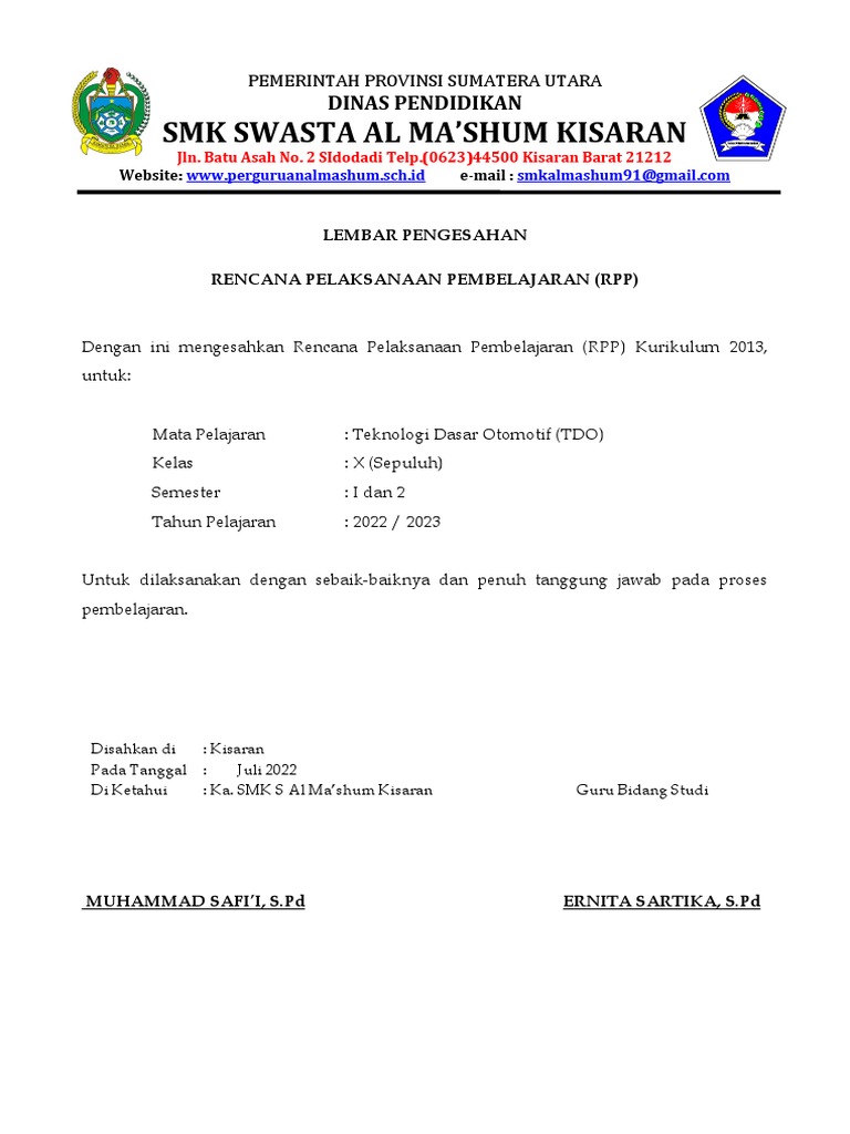 Format Lembar Pengesahan RPP Ok | PDF