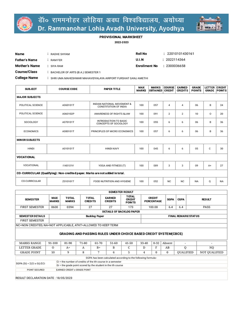 First Semester Result Summary | PDF | Course Credit
