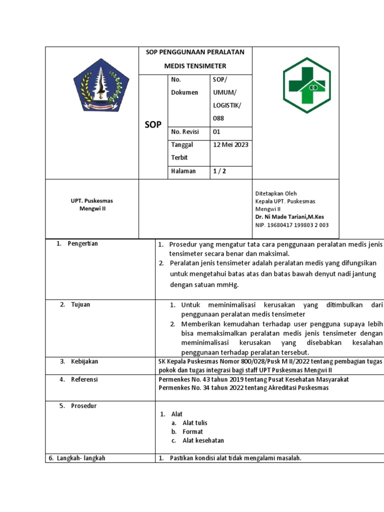 Sop Penggunaan Peralatan Medis Tensimeter | PDF