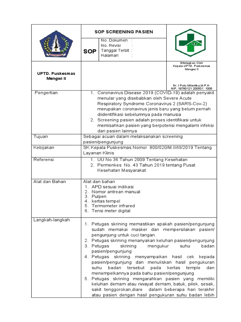 SOP Screening Pasien COVID-19 | PDF | Pengembangan Diri
