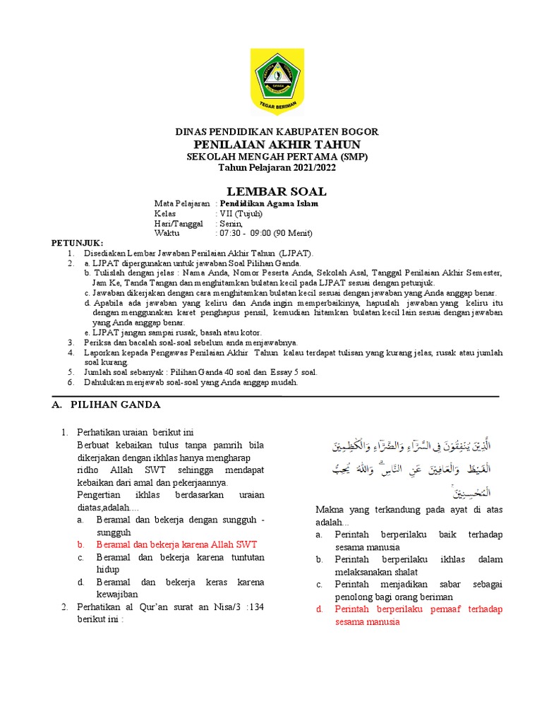 Soal PAT PAI 7 2022 | PDF