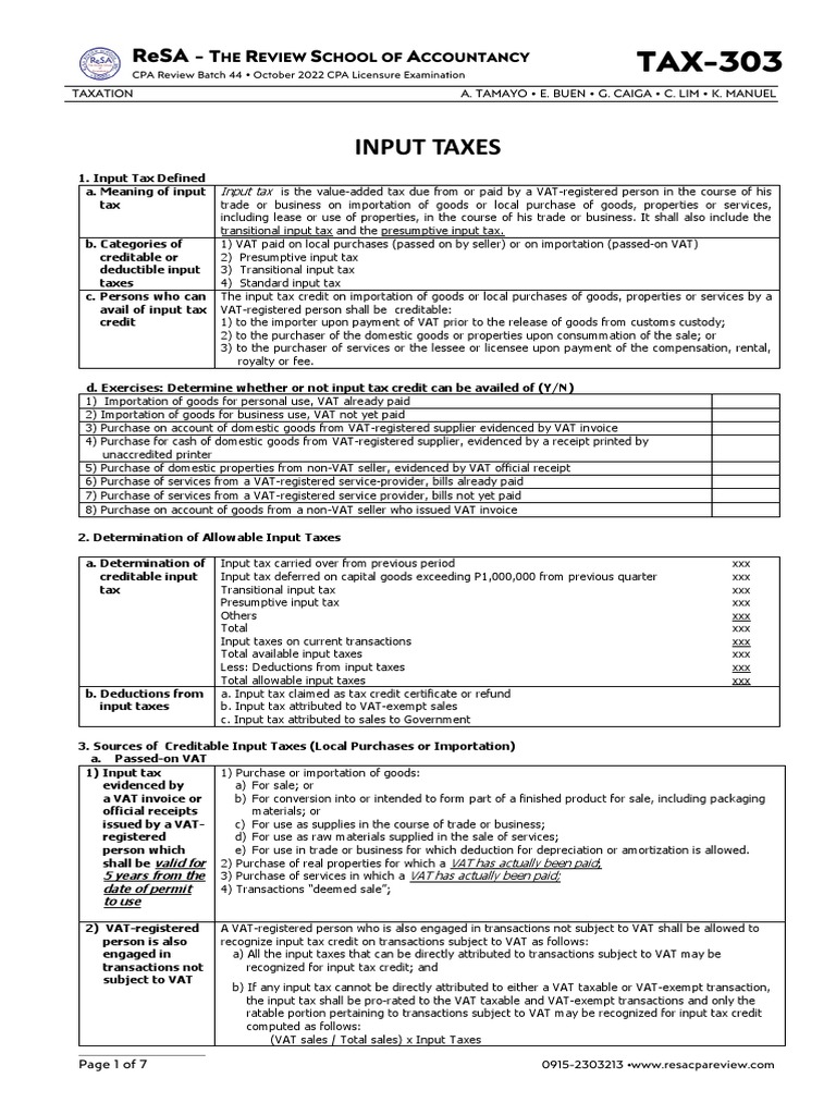 TAX-303 (Input Taxes) | Download Free PDF | Value Added Tax | Taxes