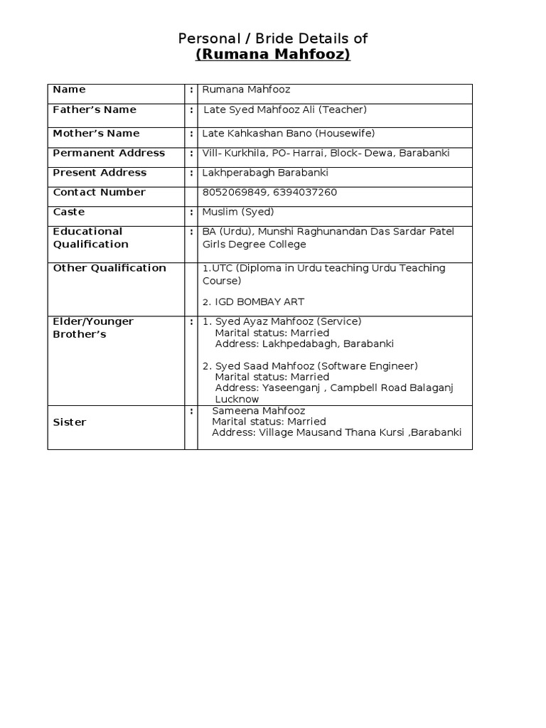 Personal Details of Rumana Mahfooz | PDF