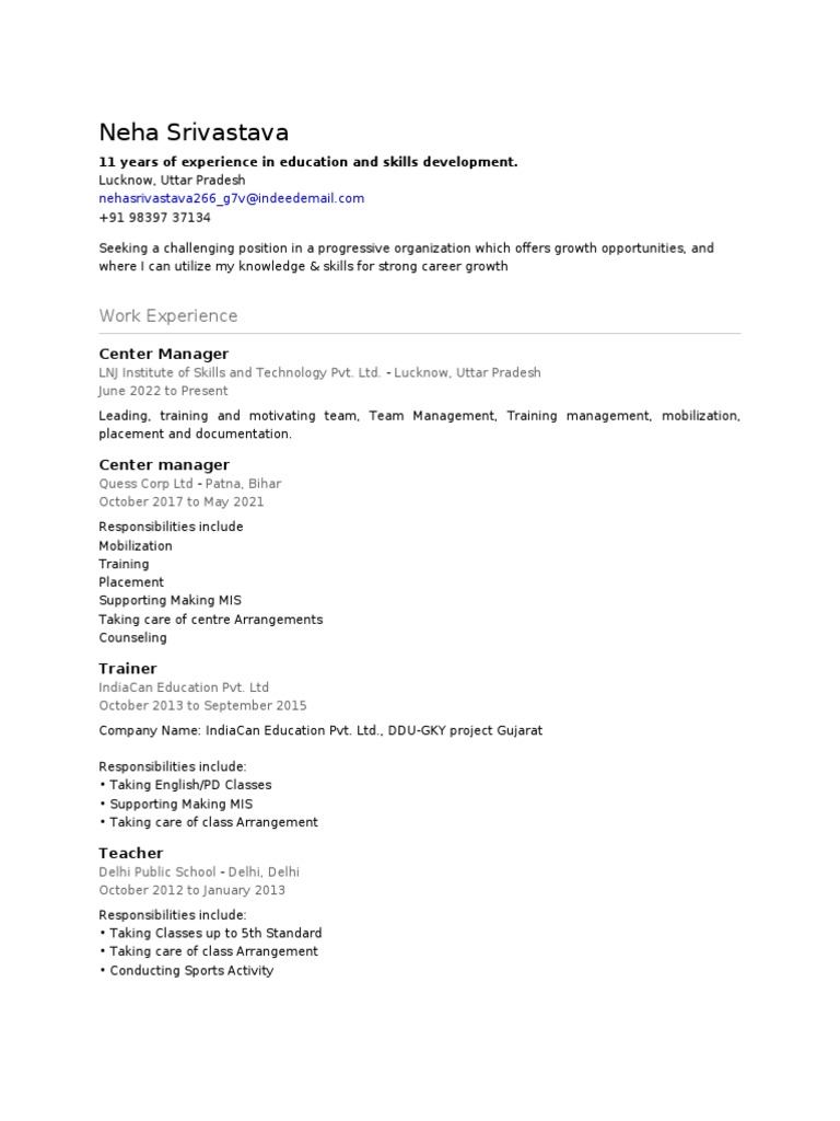 Resume Neha Srivastava | PDF | Career & Growth
