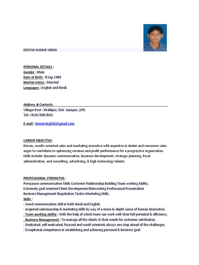 Resume Deepak Kumar Singh | PDF | Sales | Marketing