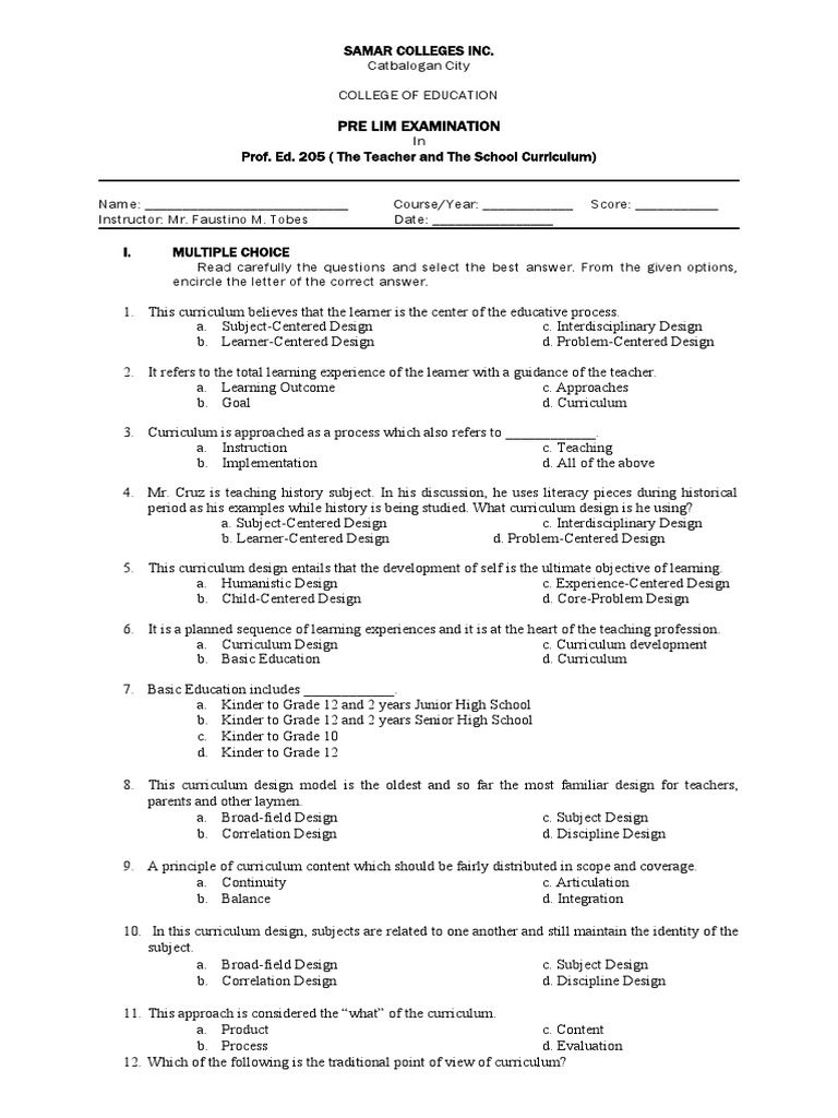 Prelim Exam in Curriculum Development | PDF | Curriculum | Teachers