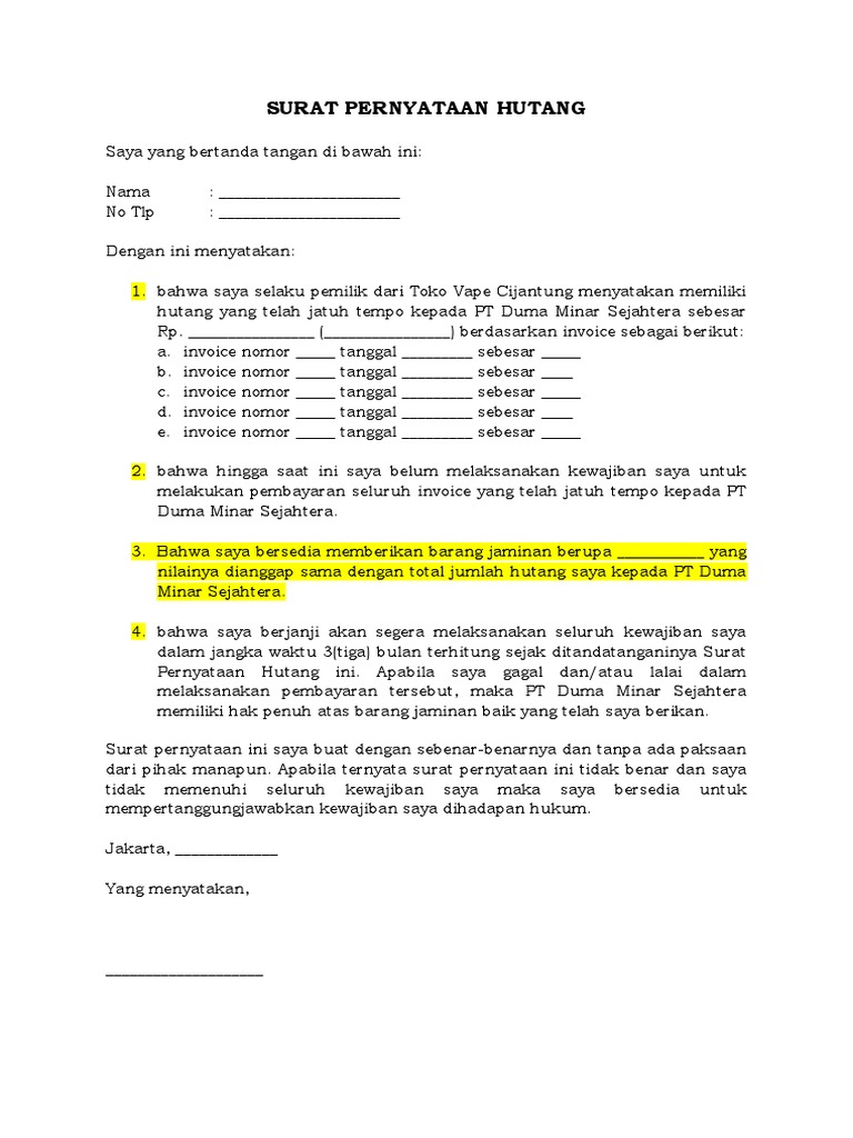 Surat Pernyataan Hutang - Toko | PDF